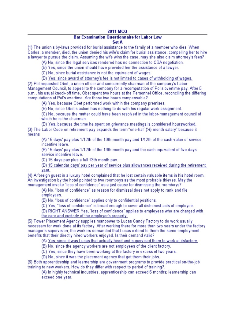 Labor Law MCQ Answers 2006 2012 PDF | PDF | Overtime | Employment
