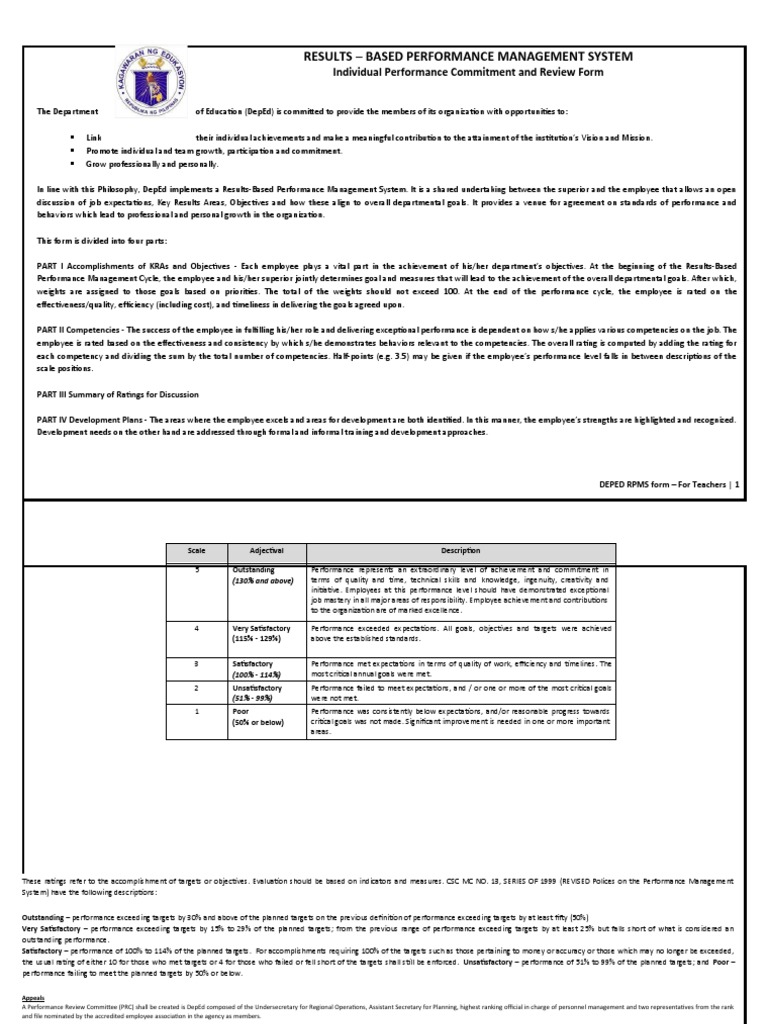 Individual Performance Commitment and Review Form Ipcrf For Teachers ...