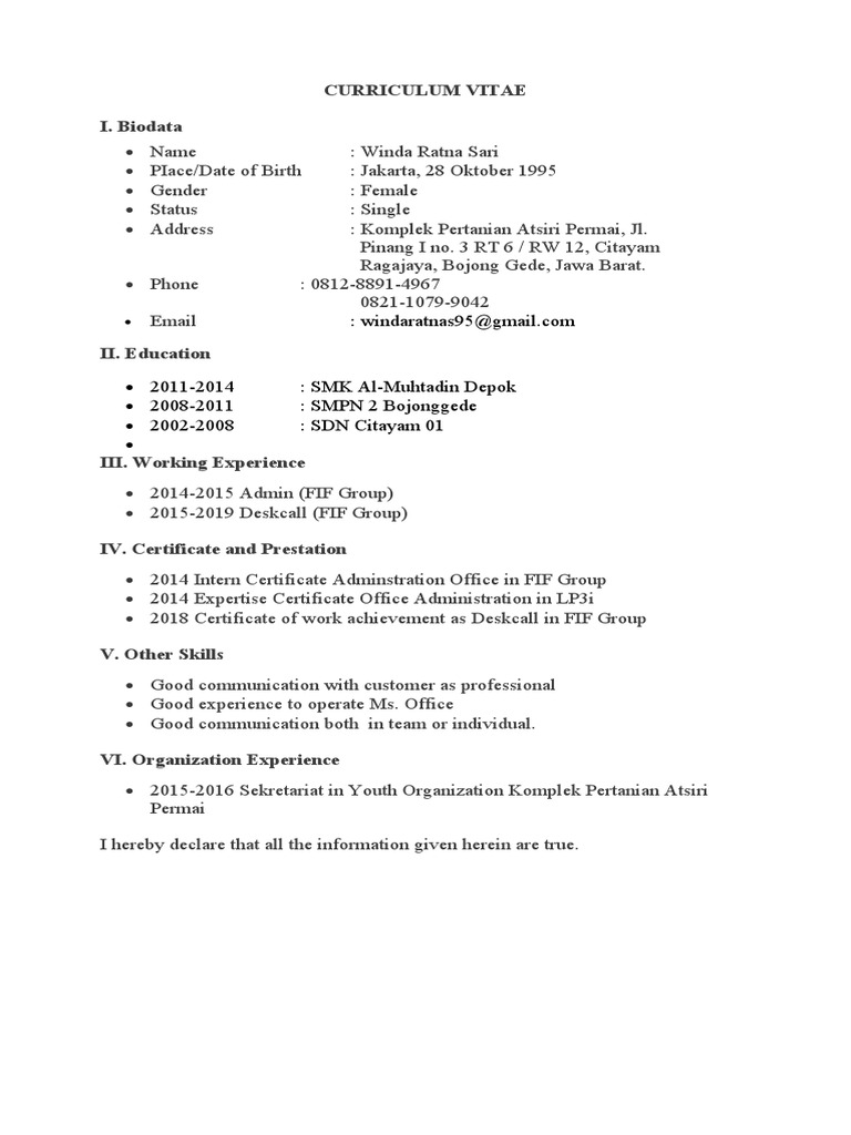 Winda Ratna Sari's Curriculum Vitae: A Summary of Her Educational Background, Work Experience ...