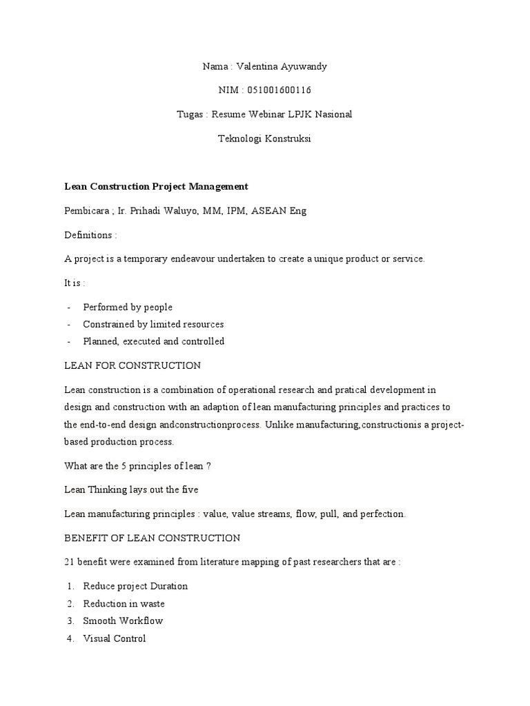Resume Webinar LPJK Nasional (Lean Construction Project Management ...