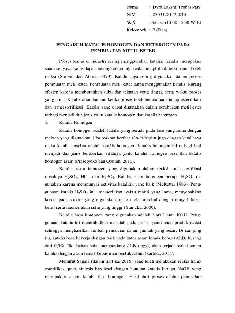 Pengaruh Katalis Homogen Dan Heterogen Pada Pembuatan Metil Ester | PDF ...