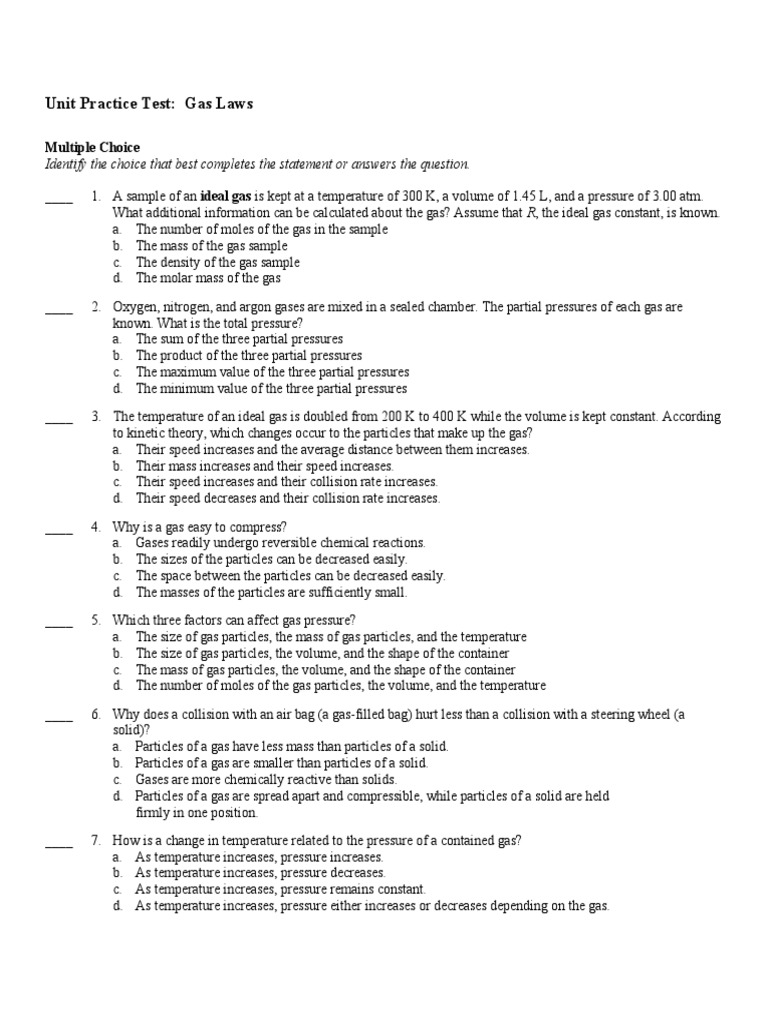 Gas Laws Practice Test: Multiple Choice Questions | PDF | Gases | Pressure