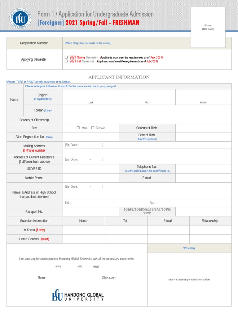 (Foreigner) : Form 1 / Application For Undergraduate Admission | PDF ...