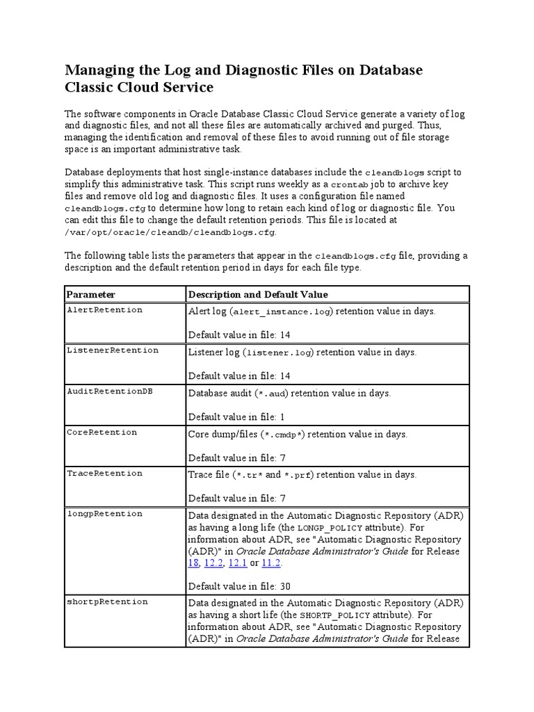 Managing The Log and Diagnostic Files On Database Classic Cloud Service ...