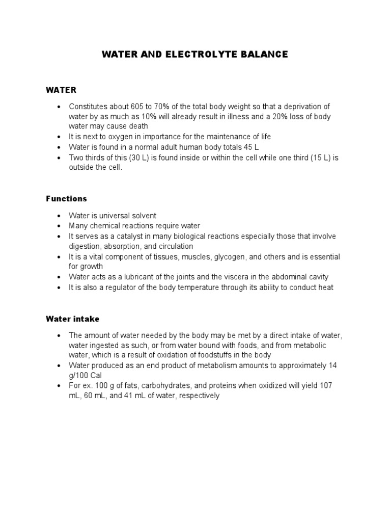 WATER AND ELECTROLYTE BALANCE Notes | PDF | Physiology | Water