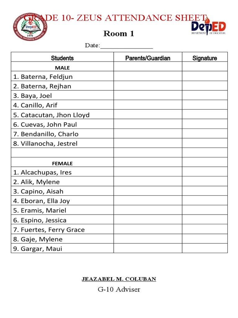 Grade 10-Zeus Attendance Sheet: Room 1 | PDF
