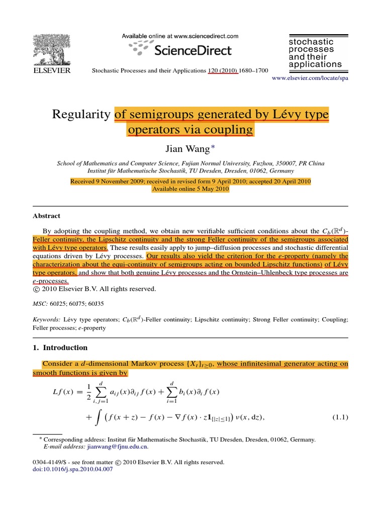 Regularity of Semigroups Generated by L Evy Type Operators Via Coupling | PDF | Stochastic ...