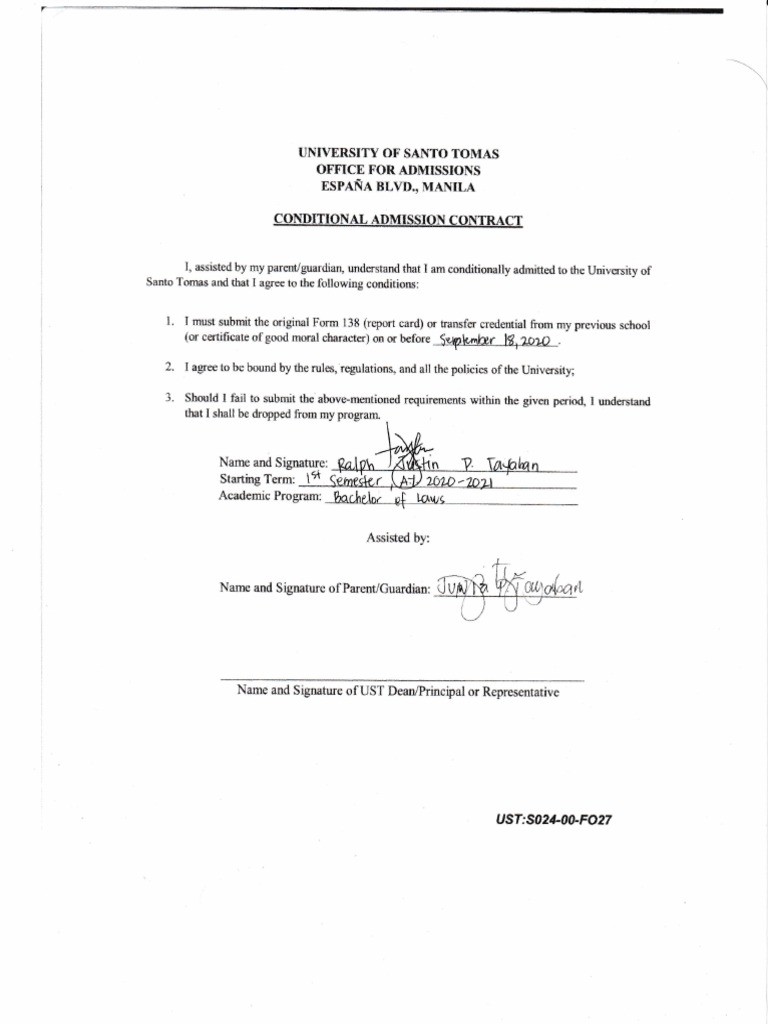 Conditional Admission Contract | PDF