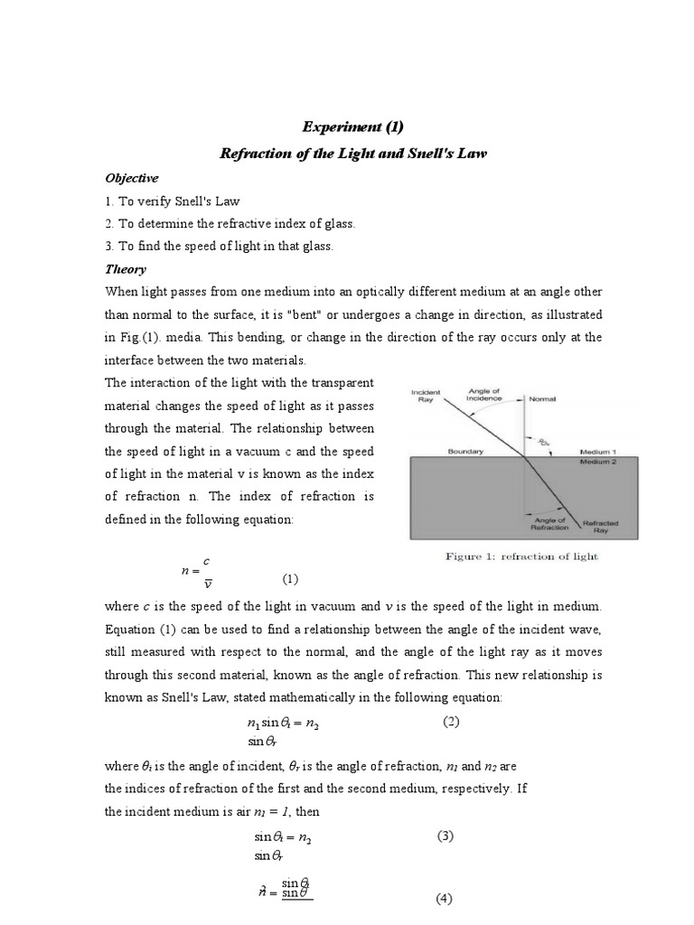 Experiment (1) Refraction of The Light and Snell's Law: Objective ...