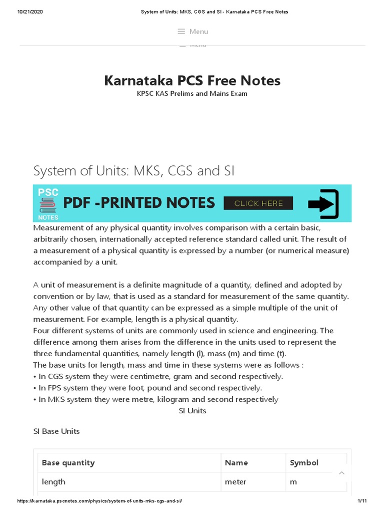 System of Units - MKS, CGS and SI - Karnataka PCS Free Notes PDF | PDF ...