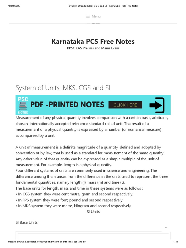 System of Units - MKS, CGS and SI - Karnataka PCS Free Notesyhty PDF ...
