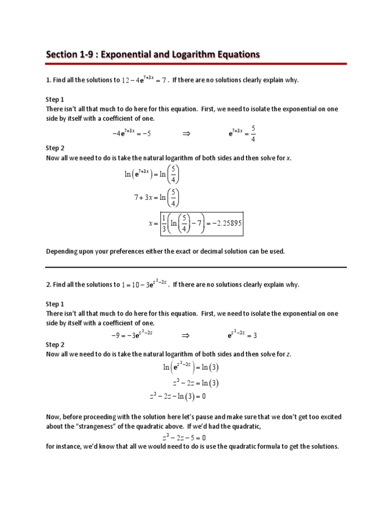 Section 1-9: Exponential and Logarithm Equations | PDF | Logarithm ...
