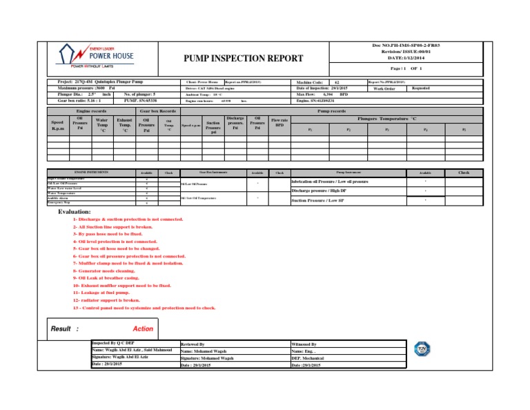 Pump Inspection Report: Page - 1 OF 1 | PDF | Oil | Pump
