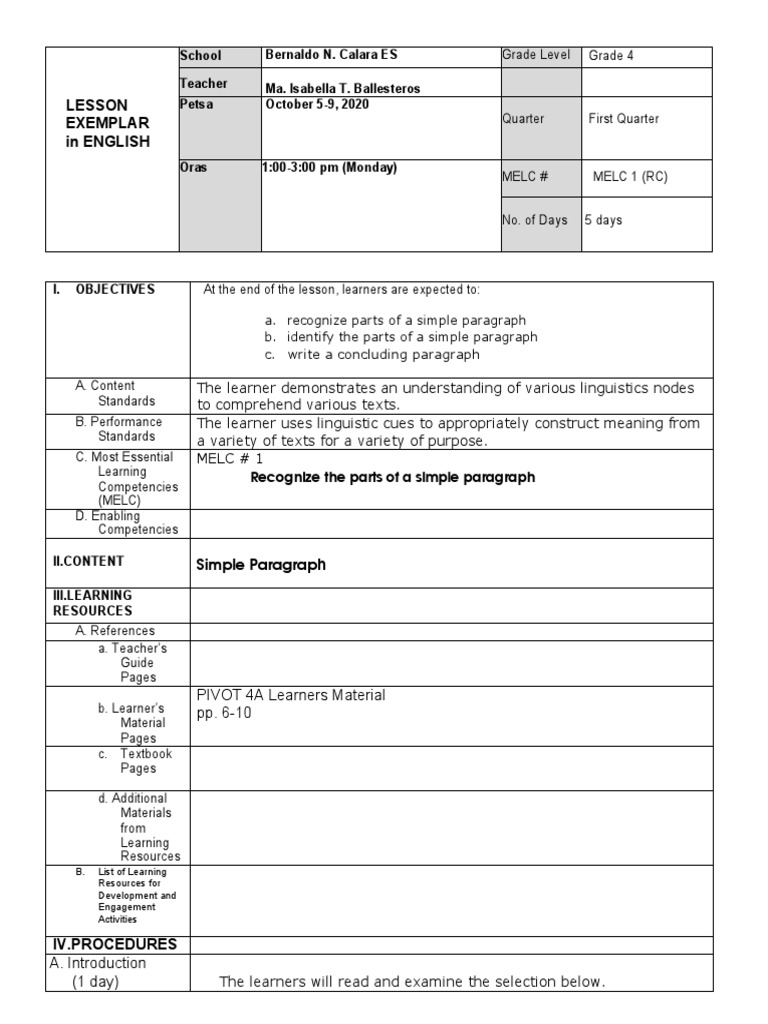 Grade 4 English Lesson: Simple Paragraphs | PDF | Paragraph | Foods