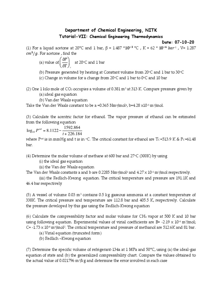 Department of Chemical Engineering, NITK Tutorial-VII | PDF ...