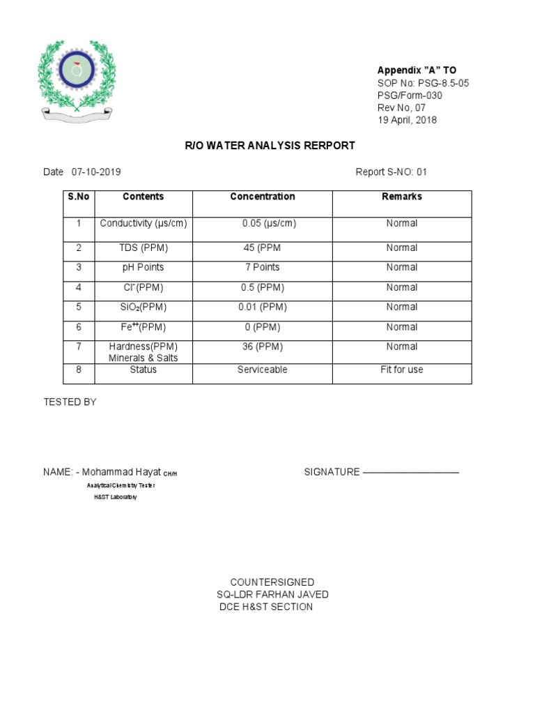 R/O Water Analysis Rerport: Appendix "A" TO | PDF