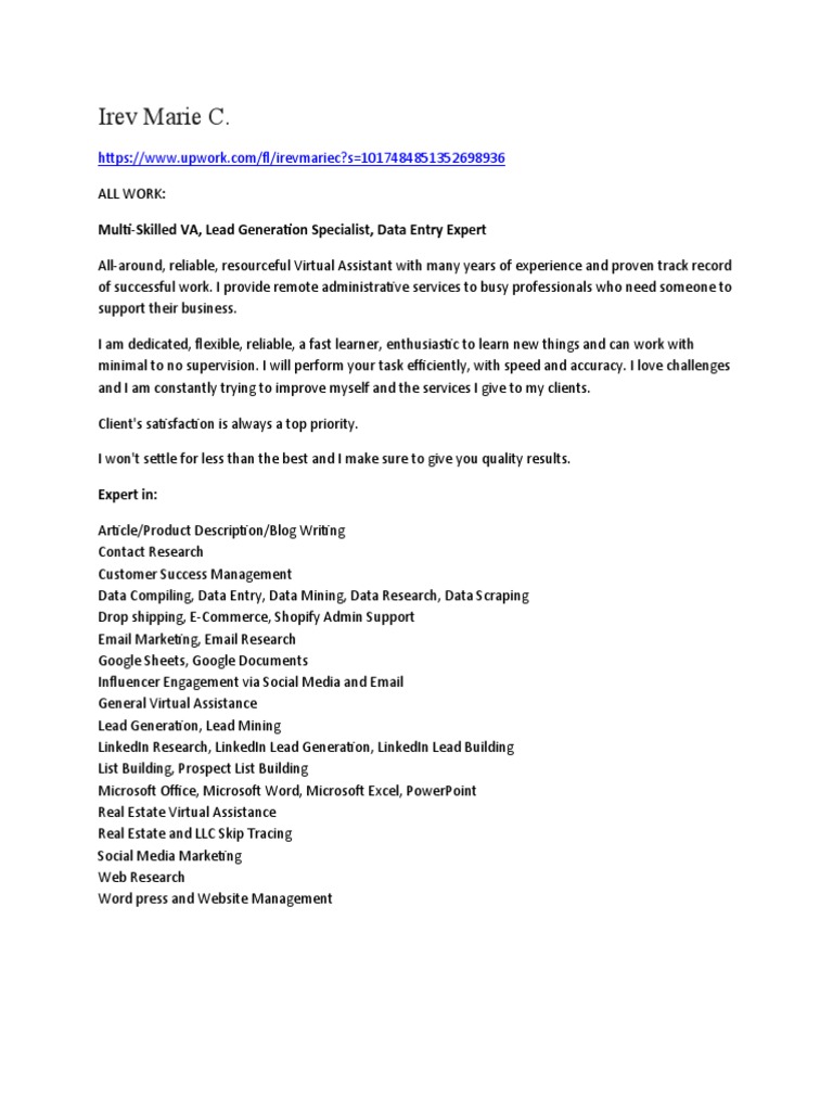 Irev Marie C Multi Skilled Va Lead Generation Specialist Data Entry Expert Pdf Linked In 