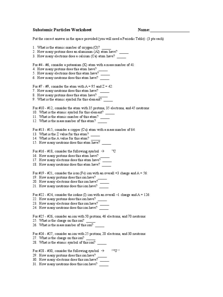 Subatomic Particles Worksheet | Download Free PDF | Atoms | Ion