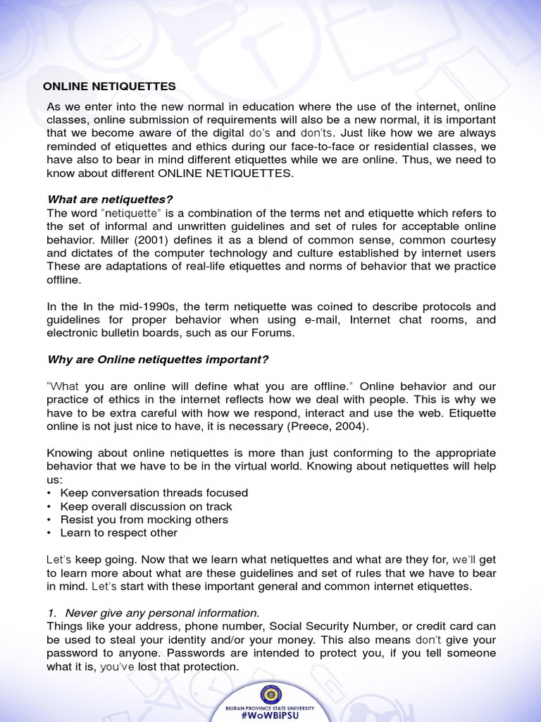 Online Netiquettes | PDF | Online And Offline | Internet Forum