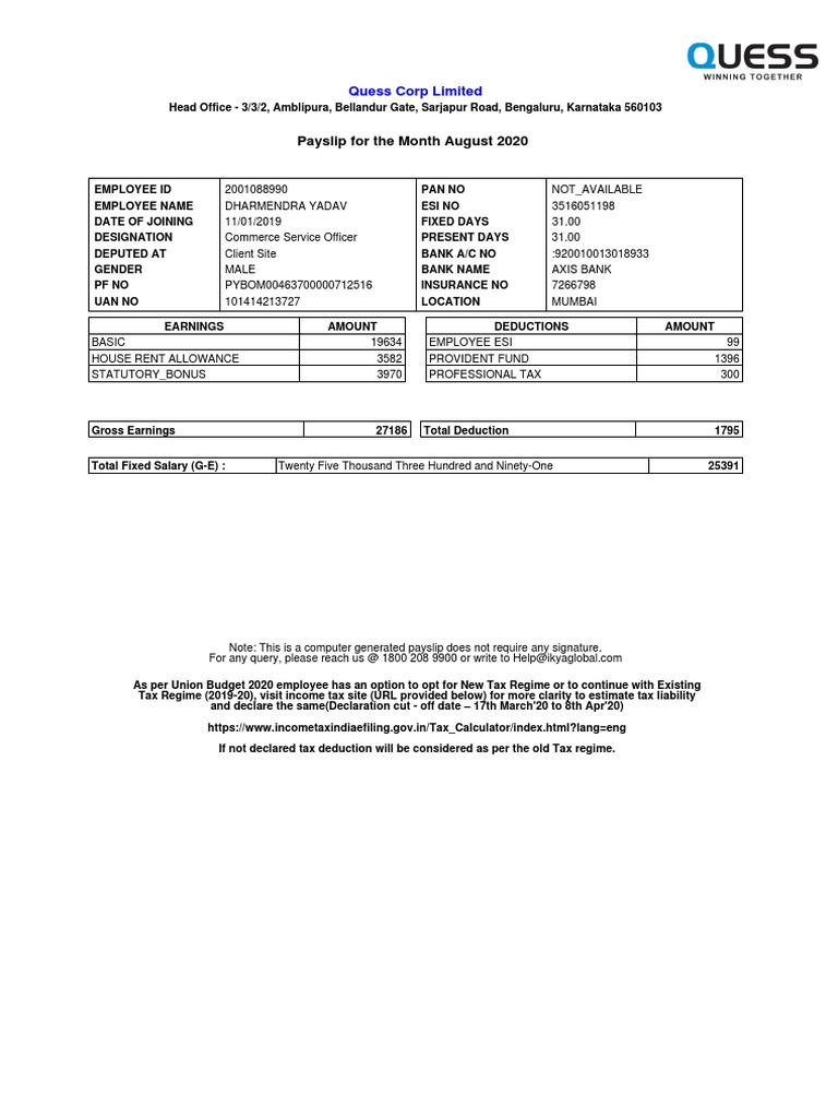 Payslip For The Month August 2020: Quess Corp Limited | PDF | Taxation ...