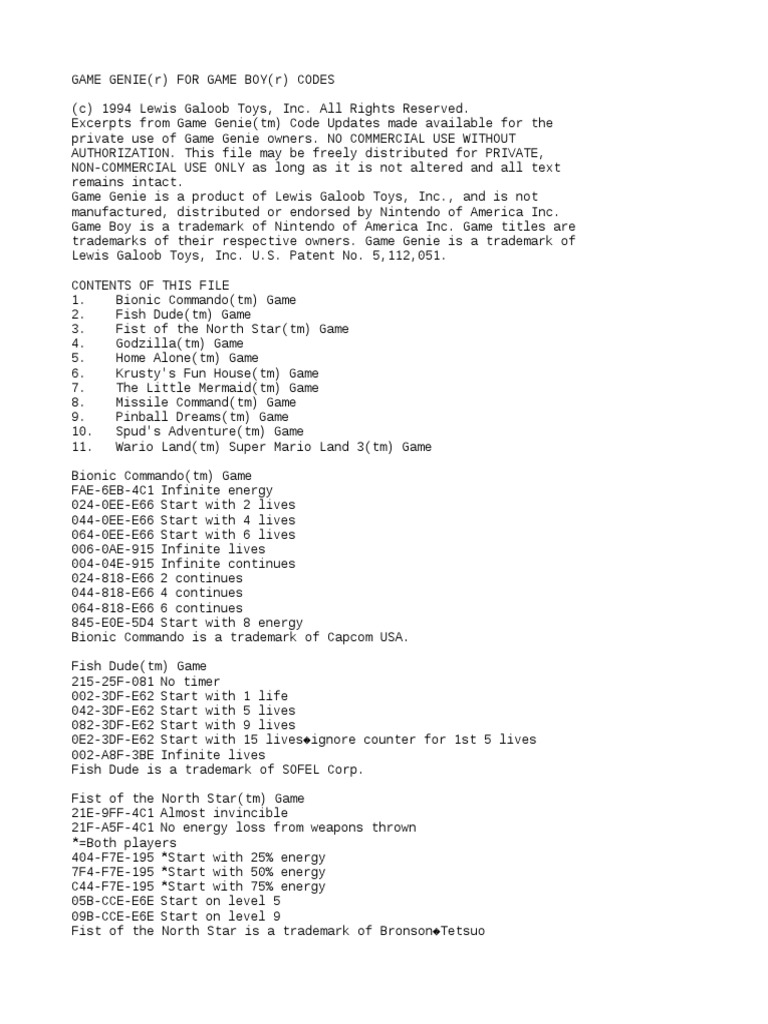 Game Genie Codes for Game Boy Games: Cheats and Hints for 10 Popular Titles Including Bionic ...