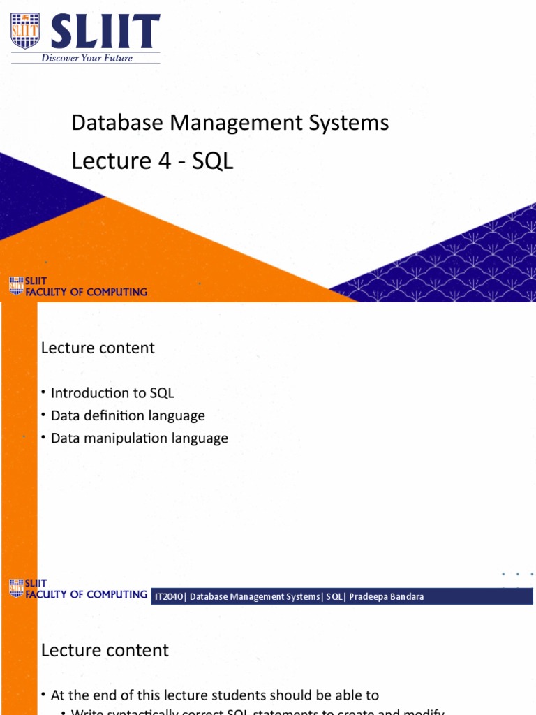 Database Management Systems: Lecture 4 - SQL | PDF | Sql | Relational Database