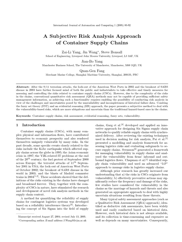 A Subjective Risk Analysis Approach of Container Supply Chains | PDF ...