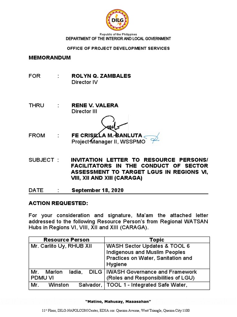 Letter To RQZ Cover Memo Letter To Resource Persons VISMIN Event | PDF ...