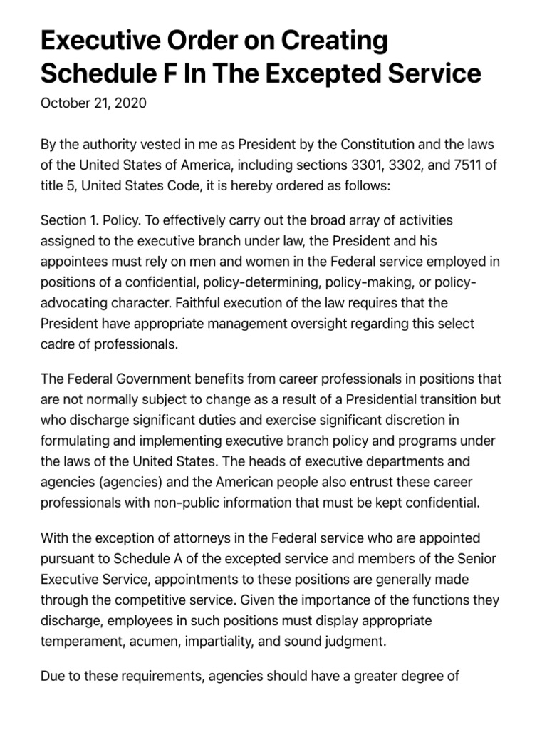 Executive Order On Creating Schedule F in The Excepted Service - The ...