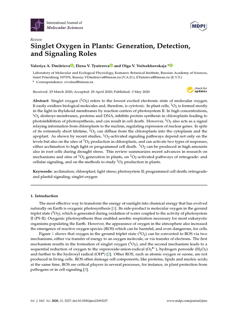 Singlet Oxygen in Plants: Generation, Detection, and Signaling Roles ...