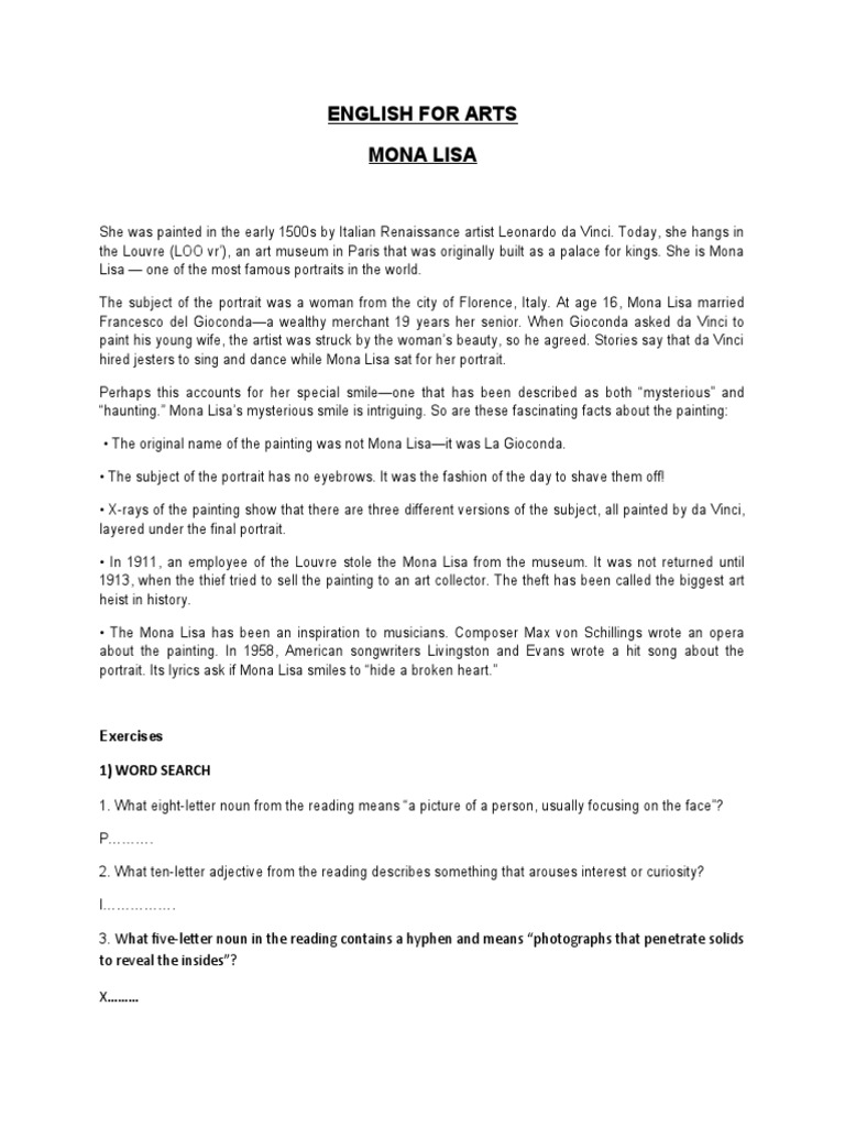 English For Arts Mona Lisa: 1) Word Search | PDF | Leonardo Da Vinci ...