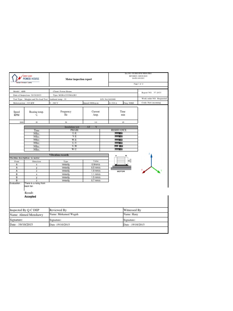 Motor Inspection Report: Speed RPM Bearing Temp. ºc Frequency HZ ...