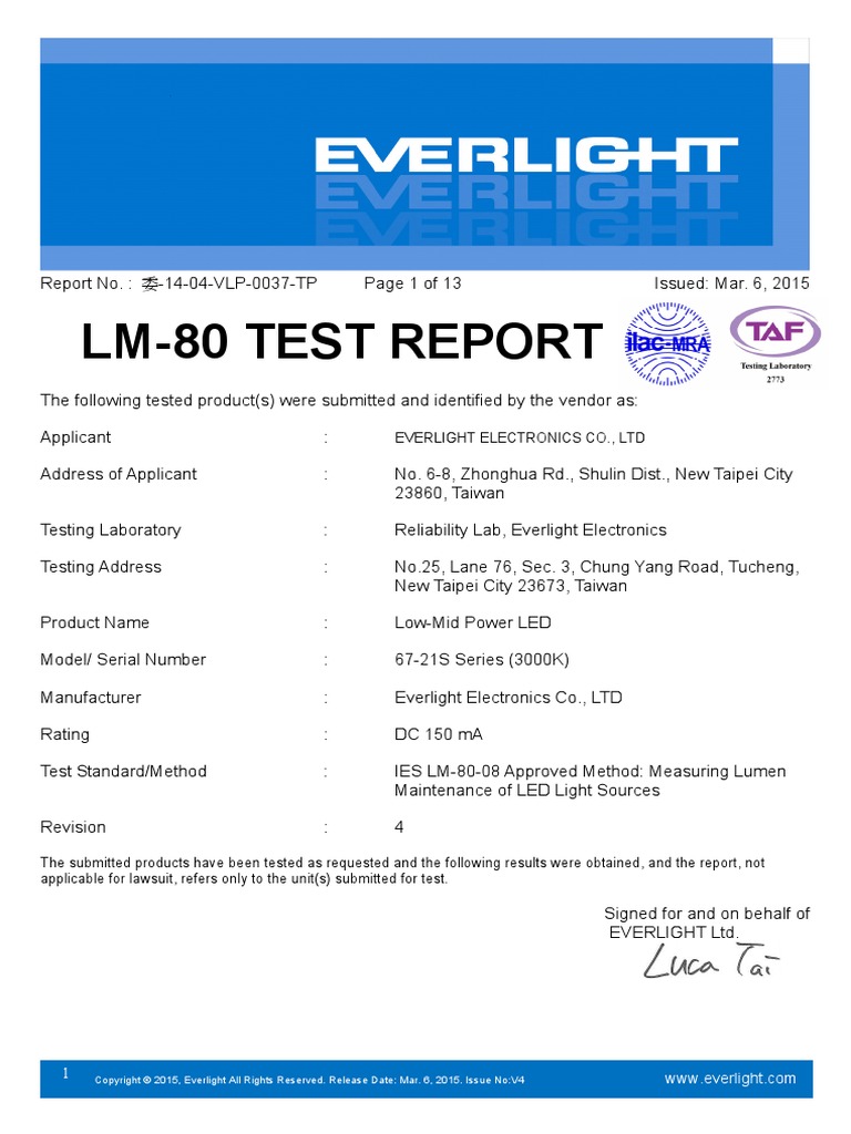Lm-80 Test Report: Everlight Electronics Co., LTD | PDF | Lighting ...