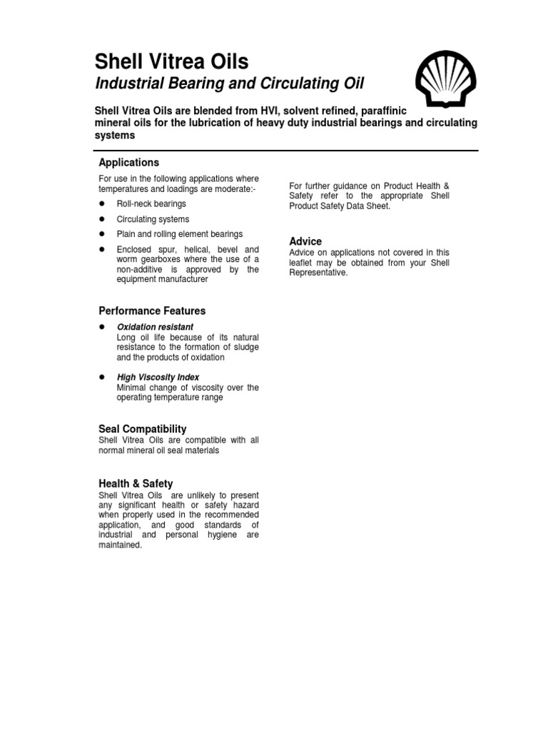 Shell Vitrea Oils: Industrial Bearing and Circulating Oil | PDF | Viscosity | Bearing (Mechanical)