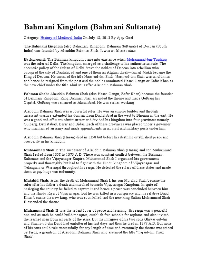 Bahmani Kingdom (Bahmani Sultanate) : History of Medieval India | PDF ...