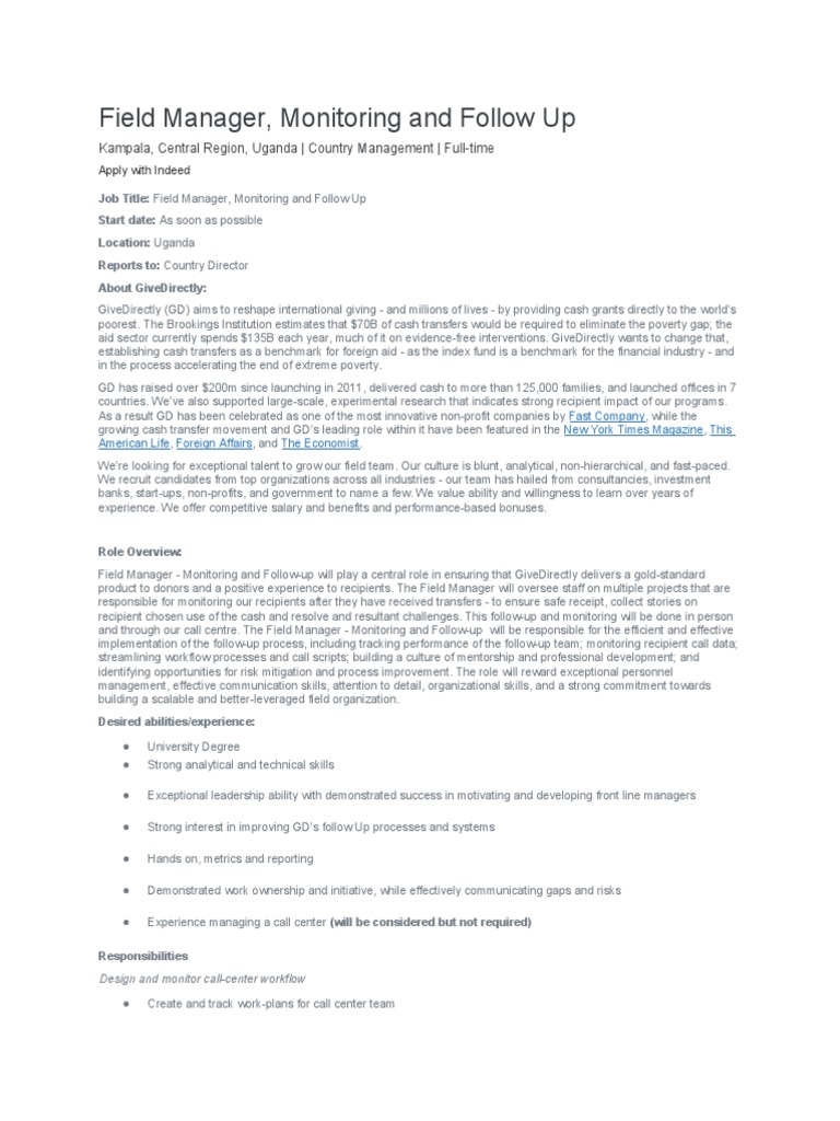 Field Manager, Monitoring and Follow Up: Kampala, Central Region ...