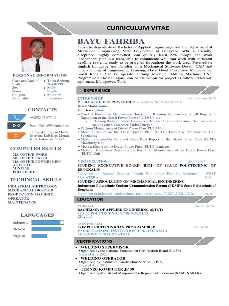 Curriculum Vitae or Resume Bayu Fahriba | PDF | Engineering | Mechanical Engineering