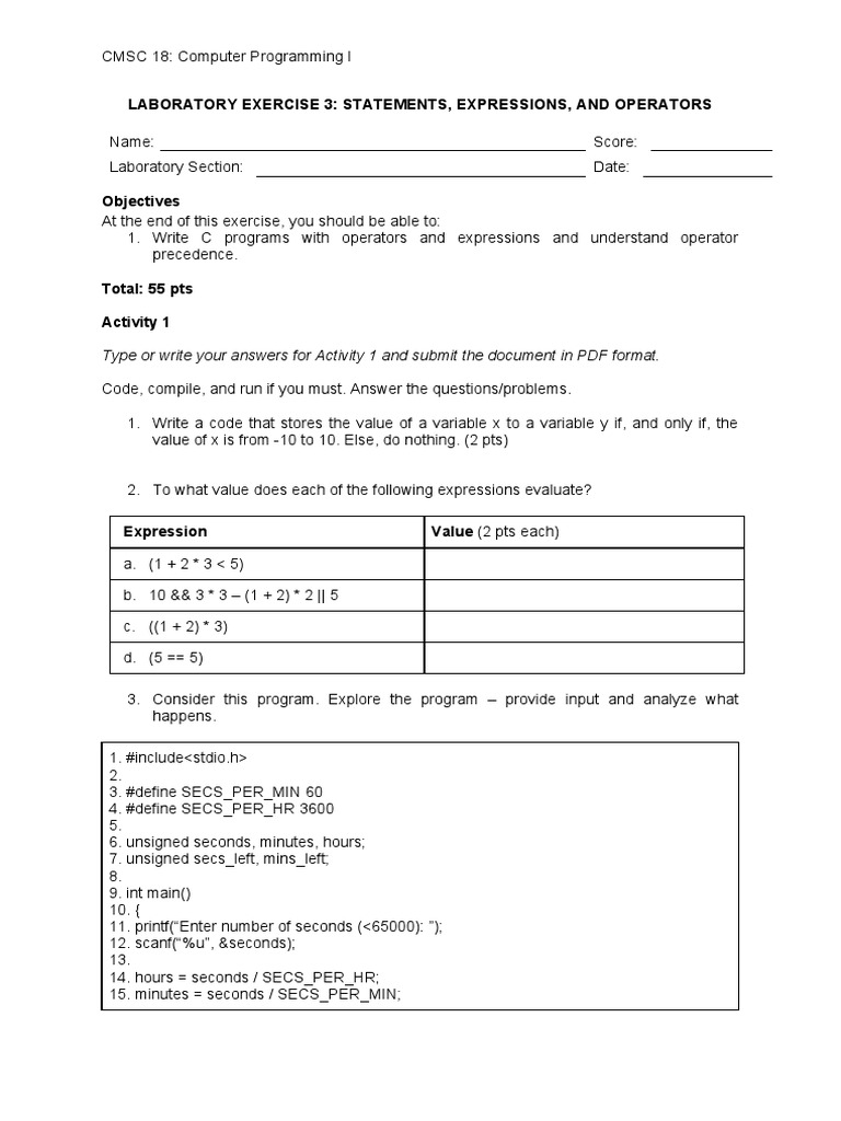 CMSC18 Lab Exer 3 - Statements Expressions and Operators | PDF | Software Engineering | Computer ...