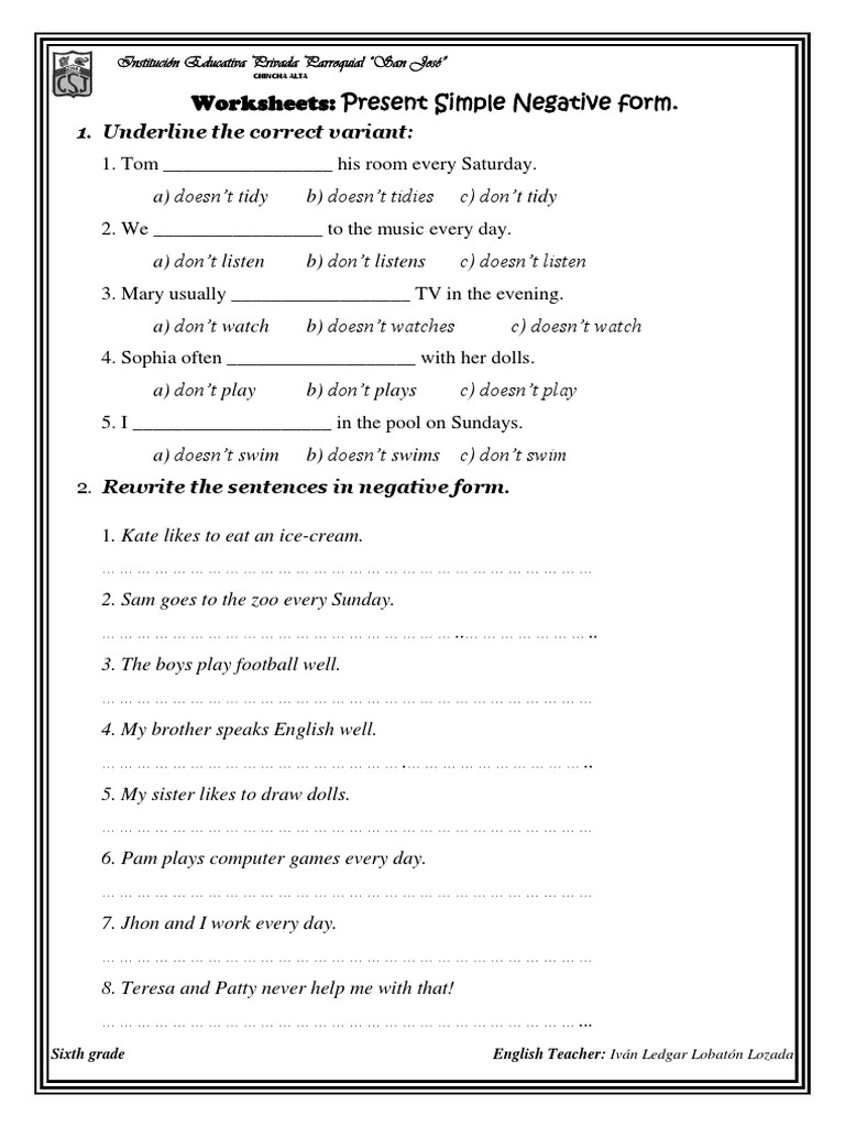 Worksheets: Present Simple Negative Form.: 1. Underline The Correct ...