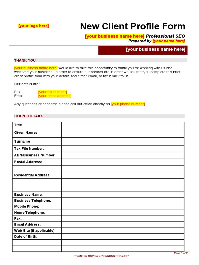 New Client Profile Form | PDF