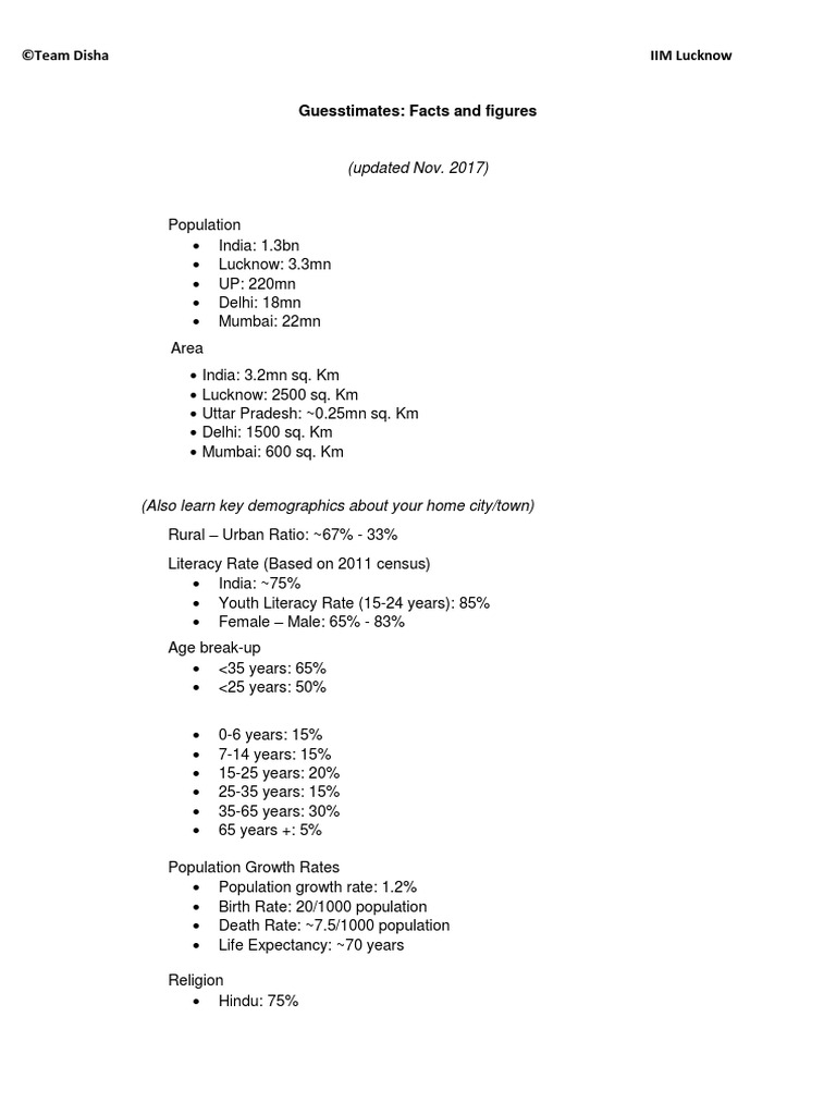 Guesstimate Cheat Sheet for India | PDF | Asia | Economies