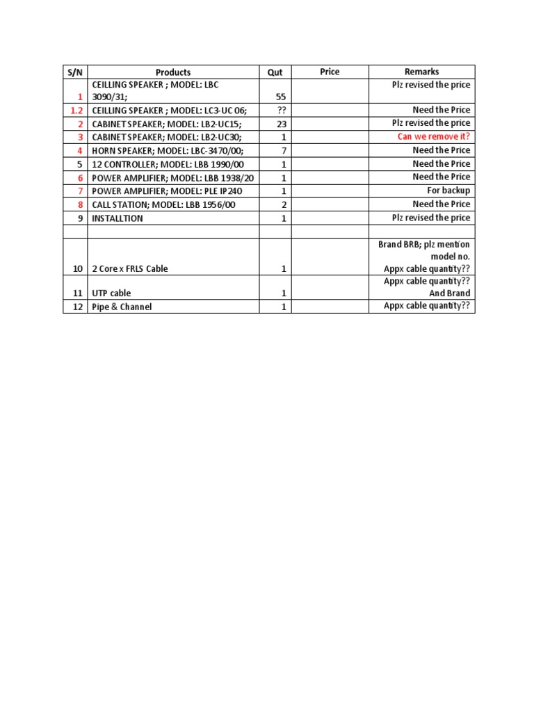 Quotation for various audio equipment including speakers, amplifiers ...