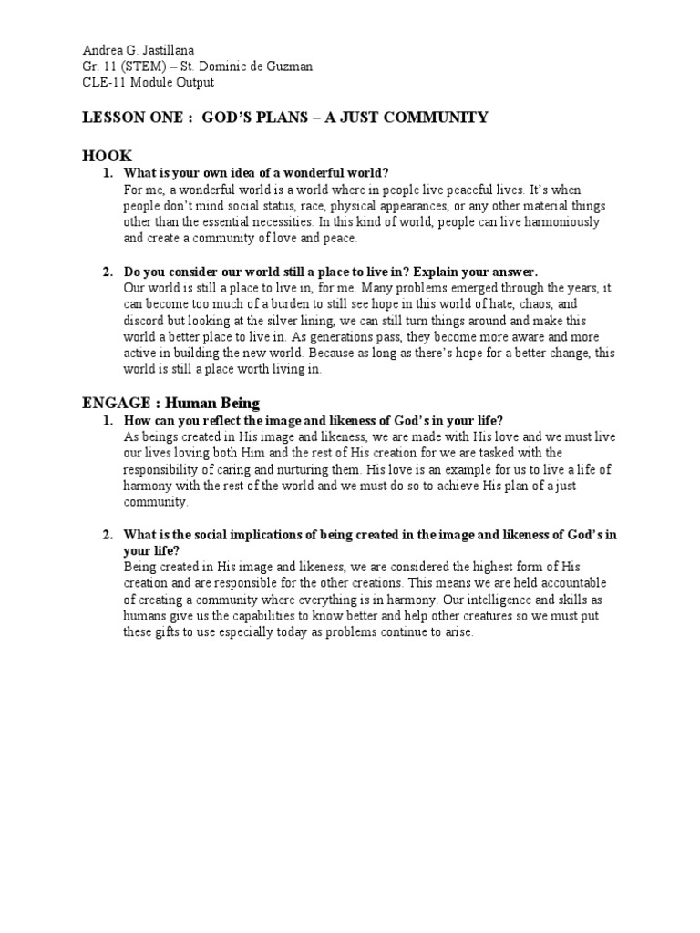 Lesson One: God'S Plans - A Just Community Hook | PDF | Catholic Social ...