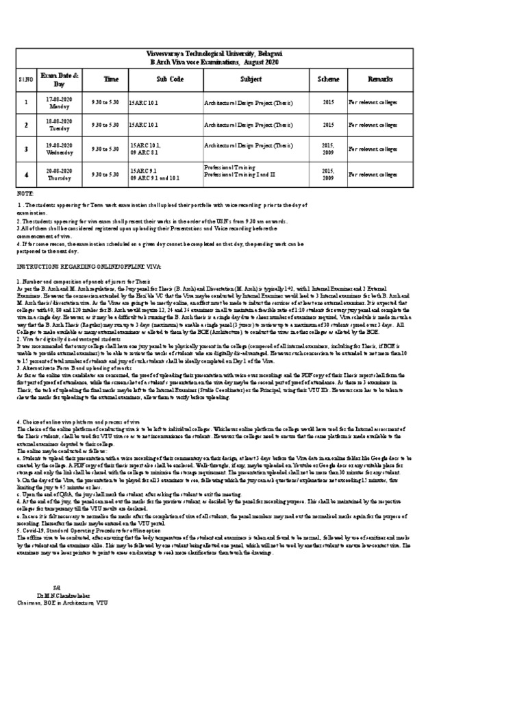 VTU-Viva - Time Table August - 2020 - B-Arch - Thesis and PT PDF | PDF ...