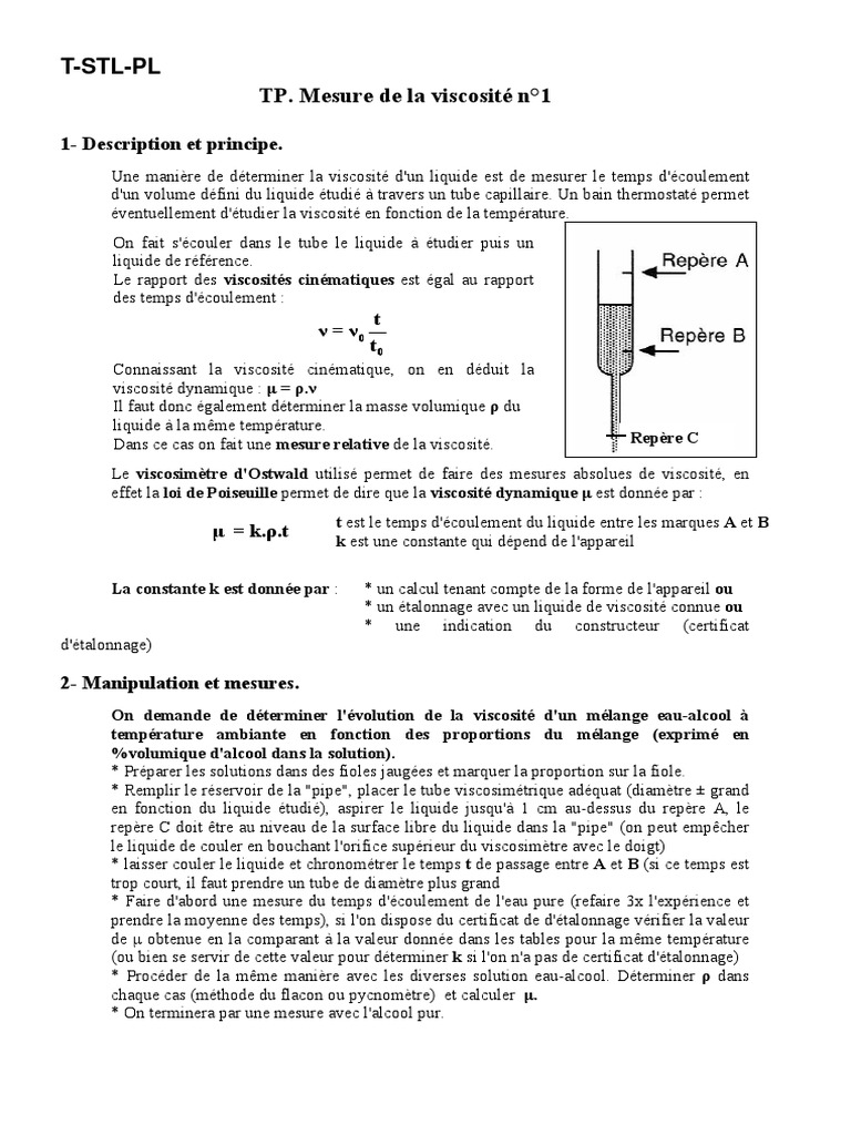 Mesure de viscosité avec Ostwald | PDF | Physique appliquée et ...