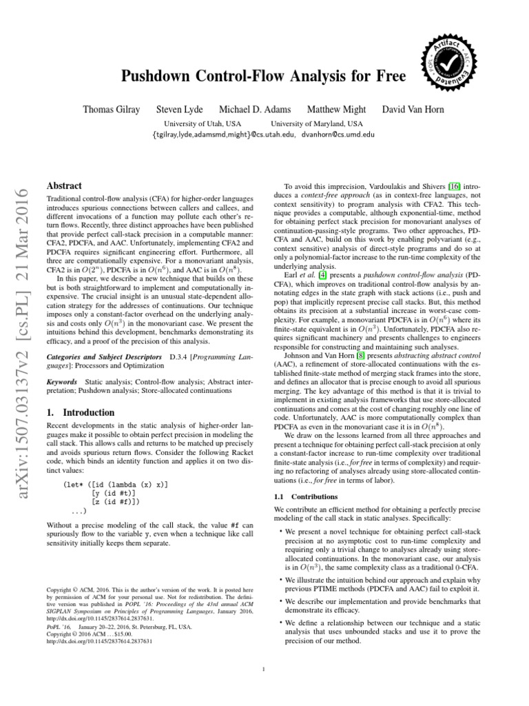 Pushdown Control-Flow Analysis For Free: Thomas Gilray Steven Lyde Michael D. Adams Matthew ...