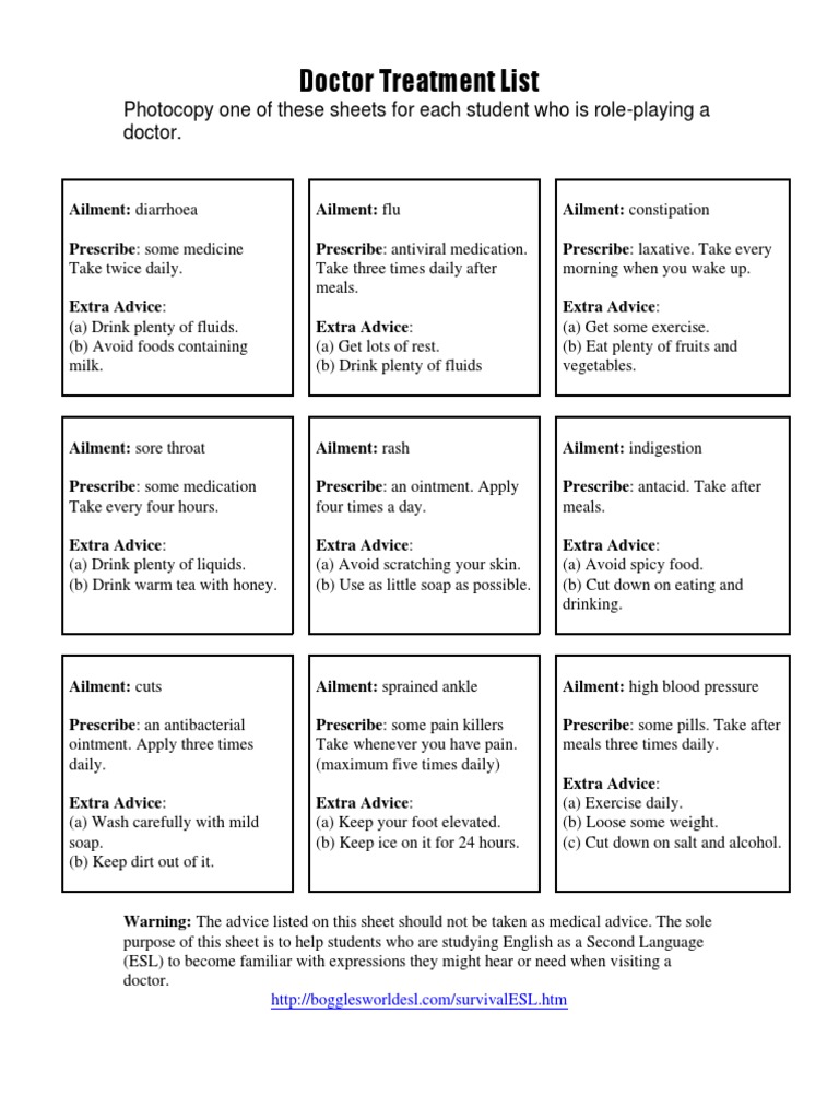 Doctor Treatment List: A Role-Playing Resource for Common Ailments and ...
