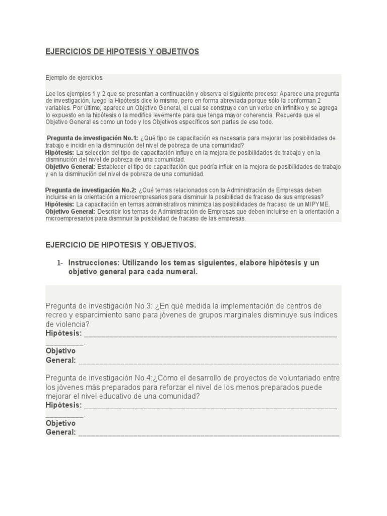 Ejercicios de Hipotesis y Objetivos | PDF | Hipótesis | República ...