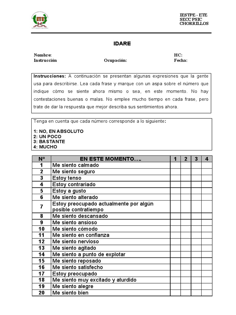 Idare - Inventario de Ansiedad para Adultos | PDF