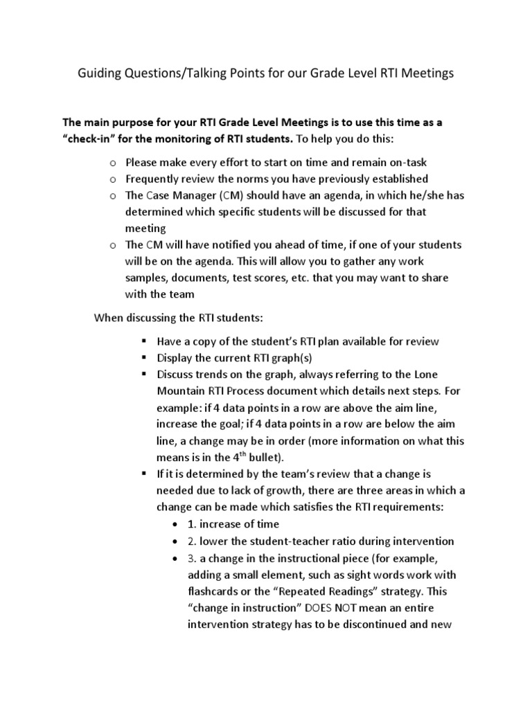 Guiding Questions Rti Meetings | PDF | Learning | Cognition